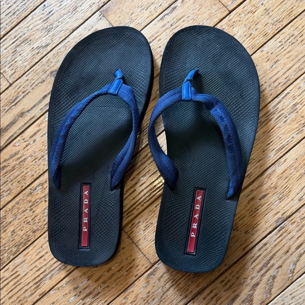 Prada | Shoes | Prada Black Flipflop Sandals With Blue Straps | Poshmark